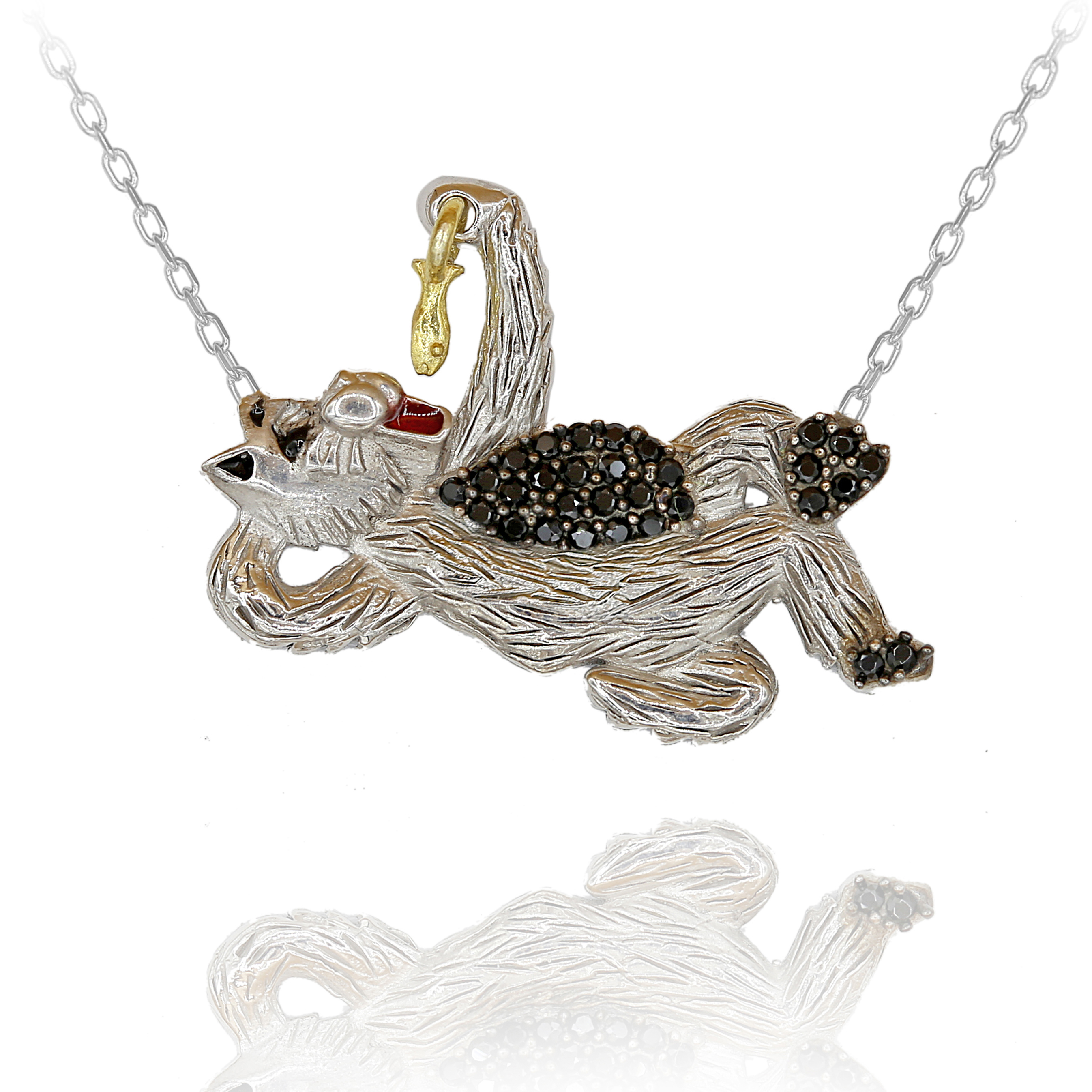 Siyah Taşlı Keyifle Balık Yiyen Kedi Gümüş Kolye - 1,135.59 TL + KDV
